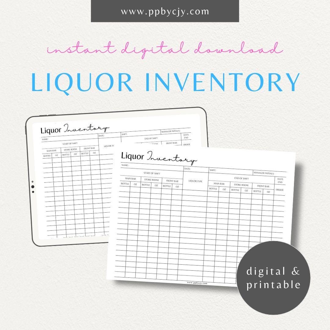 Bar Liquor Inventory Printable Template | Instant Digital Download ...