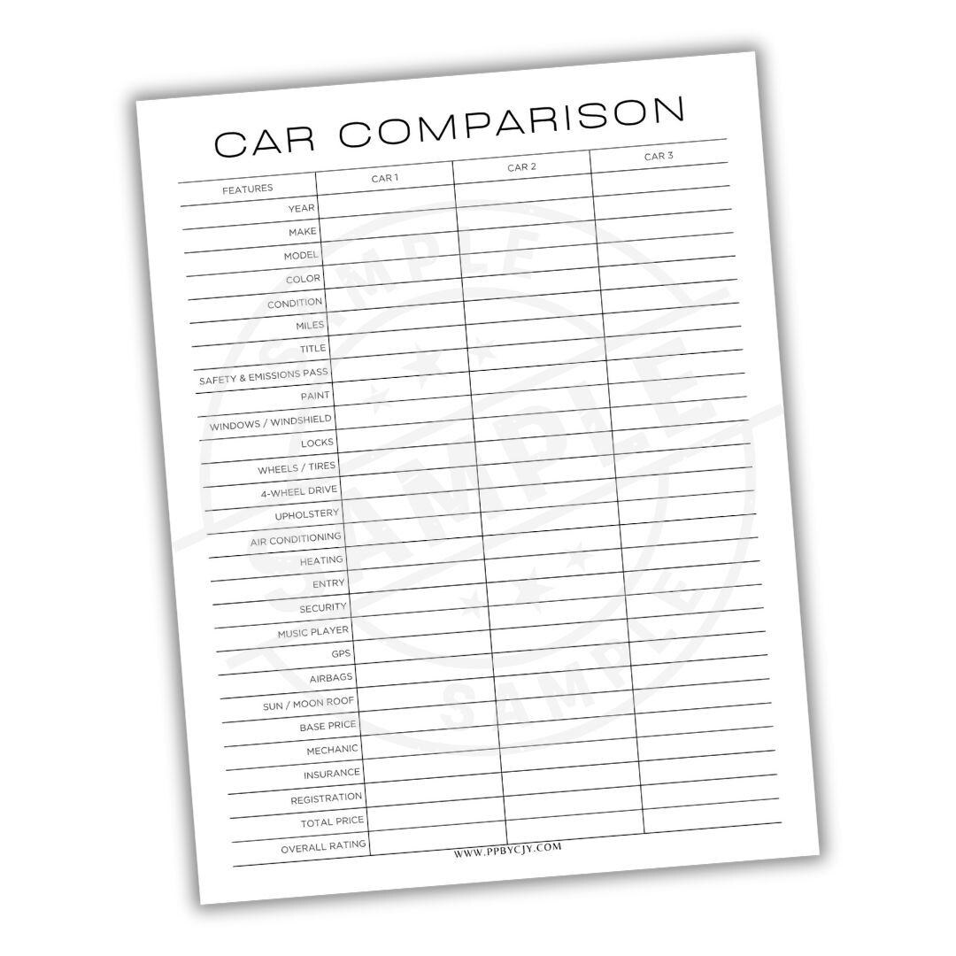 Car Comparison Sheet Printable Template | Vehicle Features & Price ...