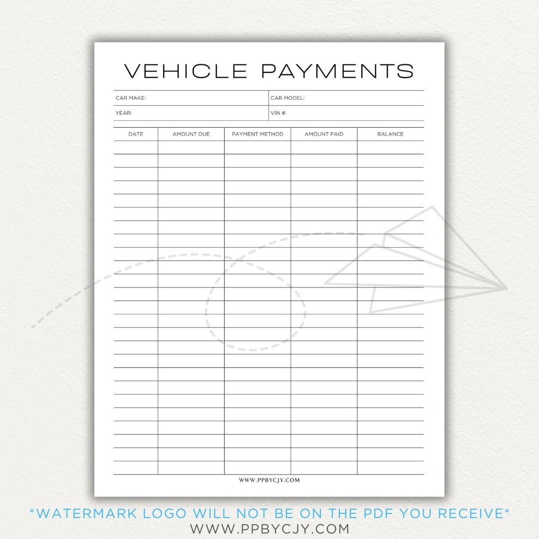 Vehicle Payment Tracker | Auto Loan Payment Log | Car Finance Payment ...