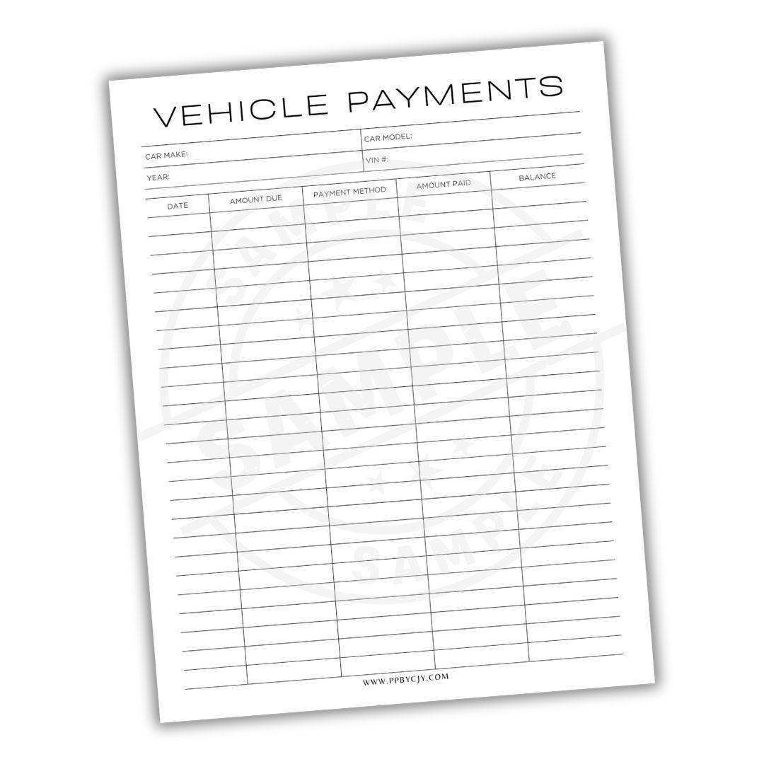 Vehicle Payment Tracker | Auto Loan Payment Log | Car Finance Payment ...