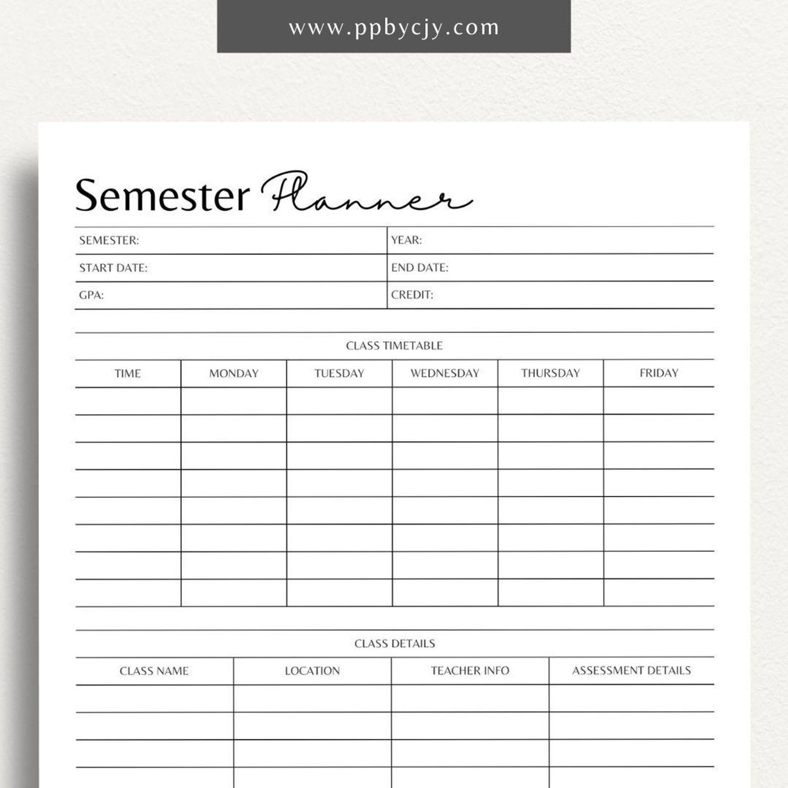 Semester Planner Printable Template | Digital Download | Academic ...