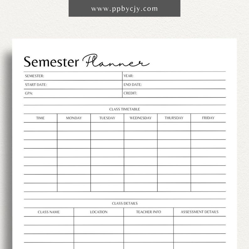 Semester Planner Printable Template | Digital Download | Academic ...