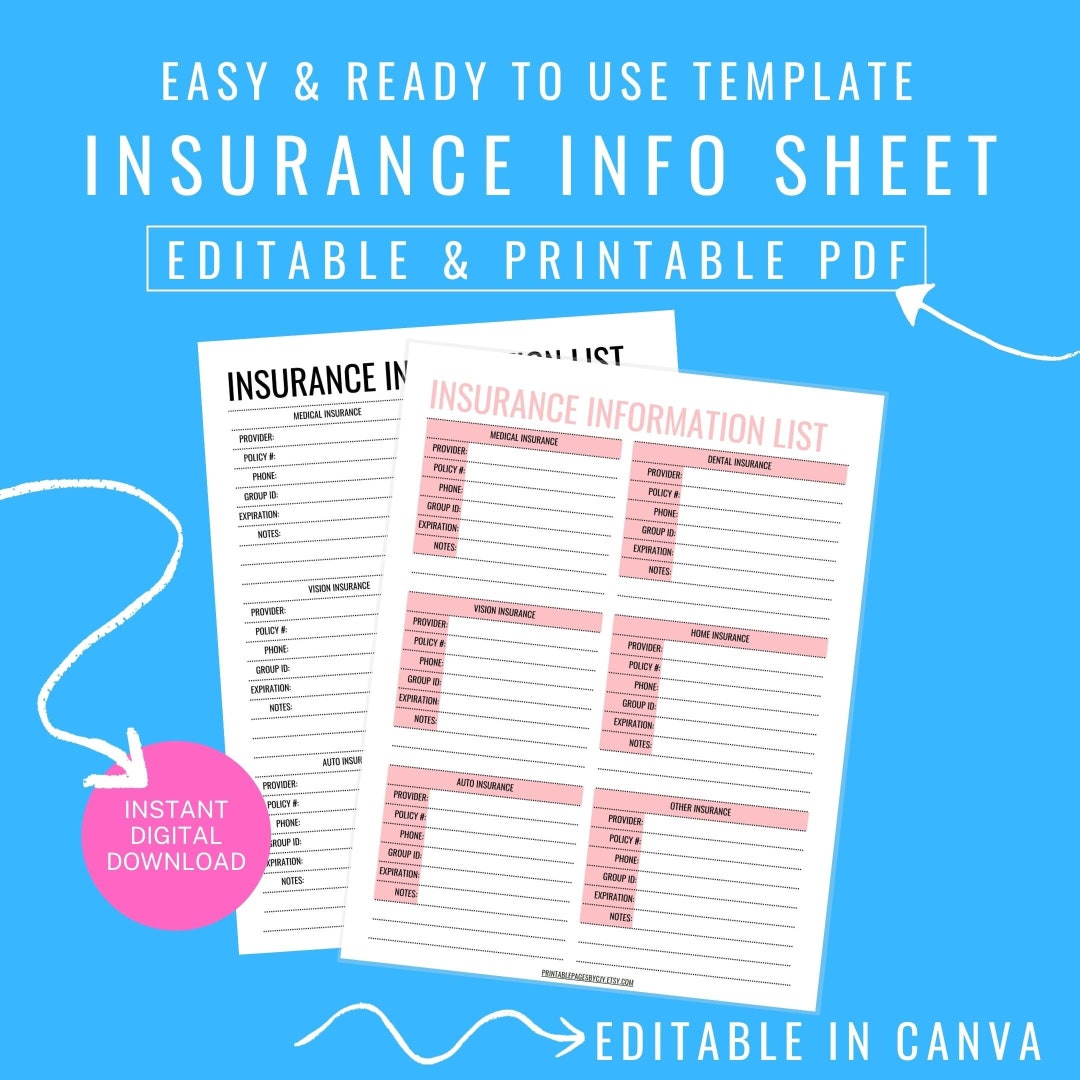 Insurance Information Sheet Insurance Tracker Printable - Etsy