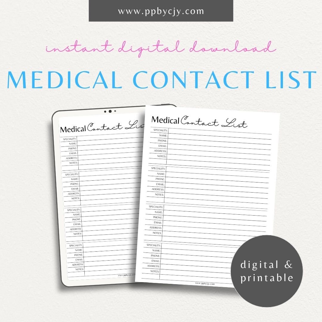 Medical Contact List Emergency Healthcare Information Sheet Personal ...