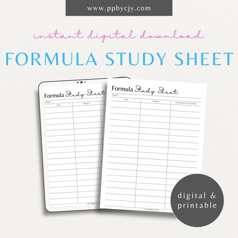 Math Formula Study Sheet | Math Quick Reference Study Guide | Customizable Math Equation Cheat ...