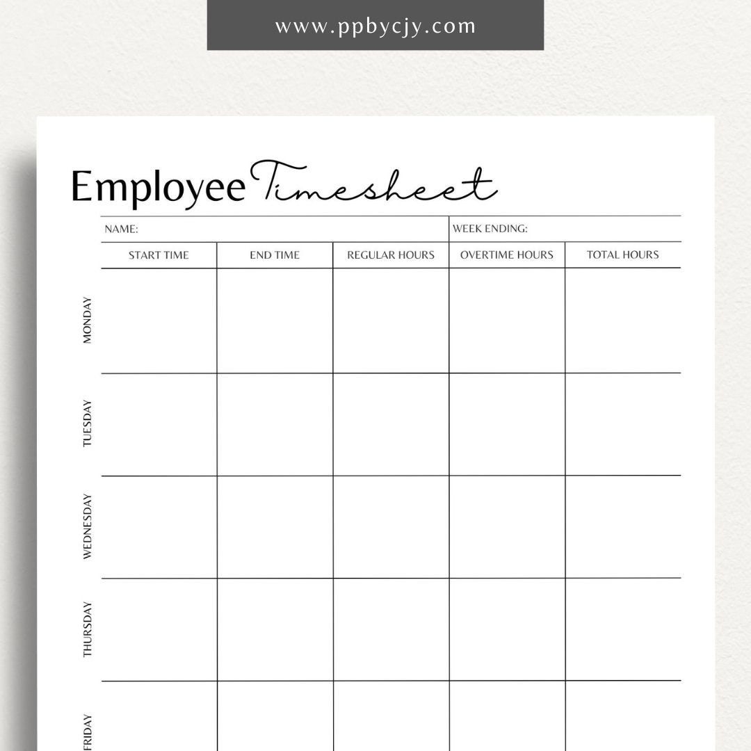 Employee Time Sheet Printable | Work Hours Time Tracking Template ...