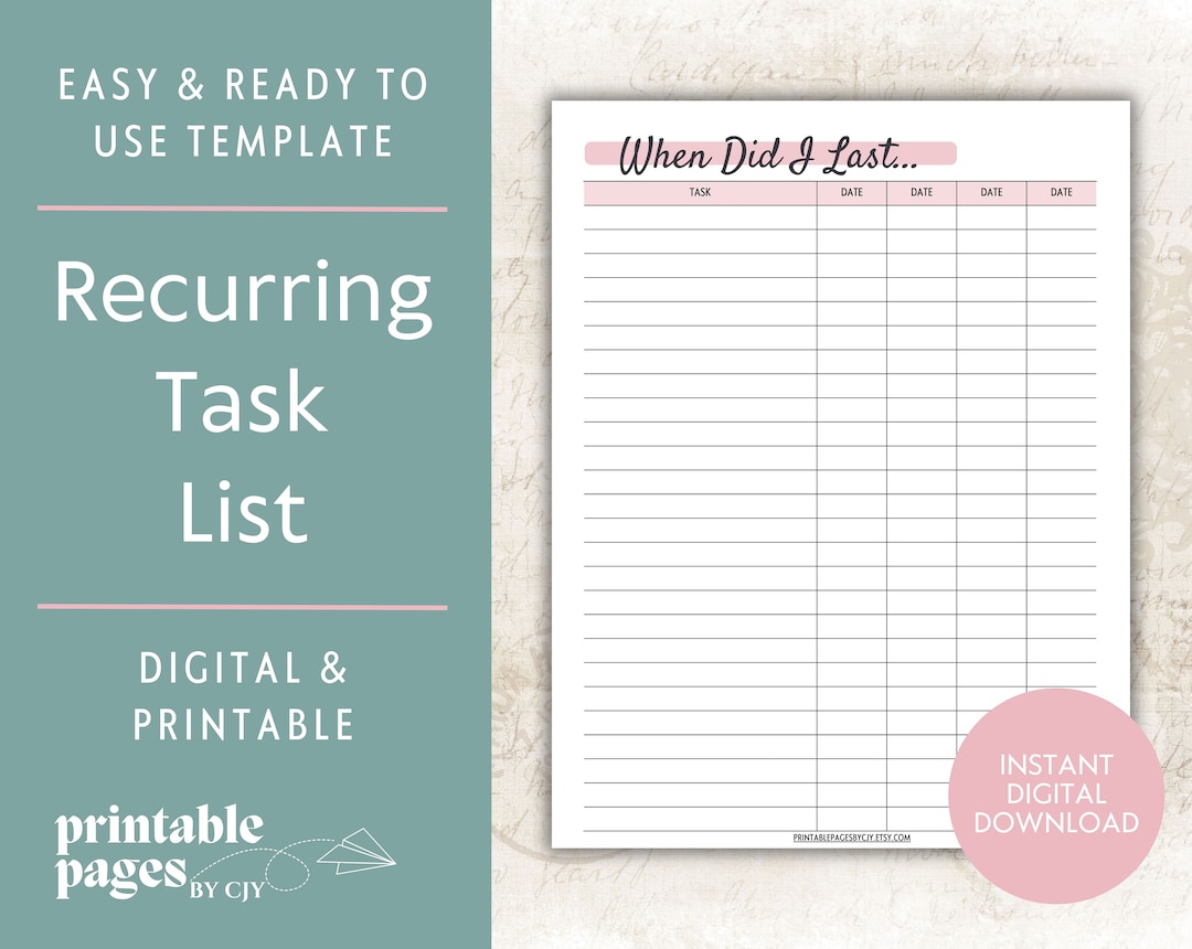 Recurring Task Progress Tracker Printable Template Vintage Pink Routine ...