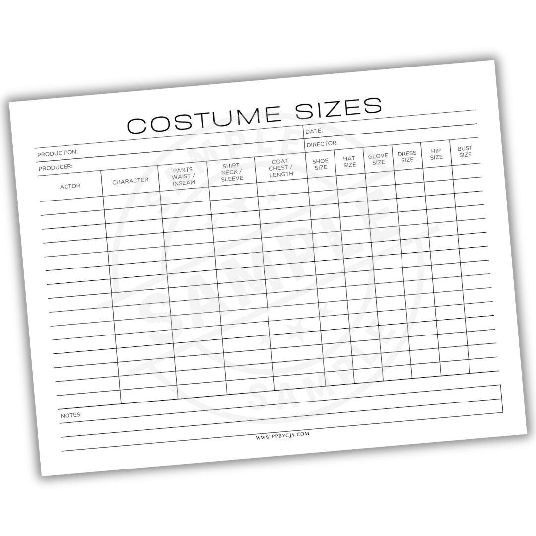 Costume Sizes List Printable PDF | Track Measurements and Fittings ...