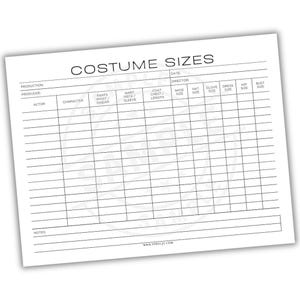 Costume Sizes List Printable PDF | Track Measurements and Fittings ...
