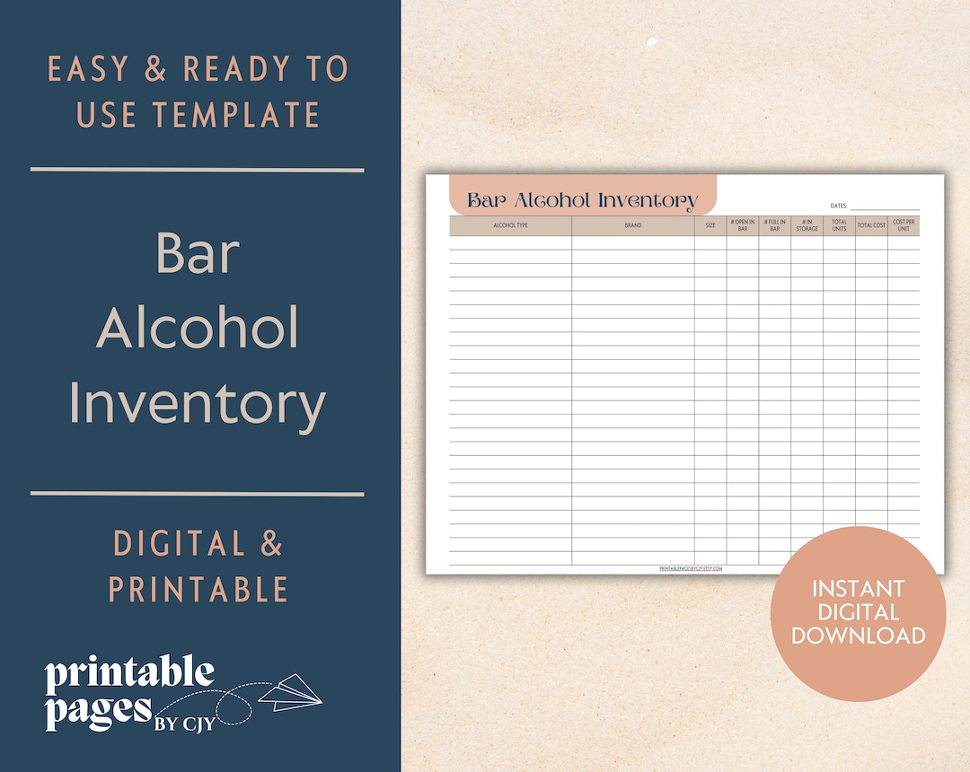 Alcohol Inventory Supply Tracker Printable Template Liquor Spirits ...