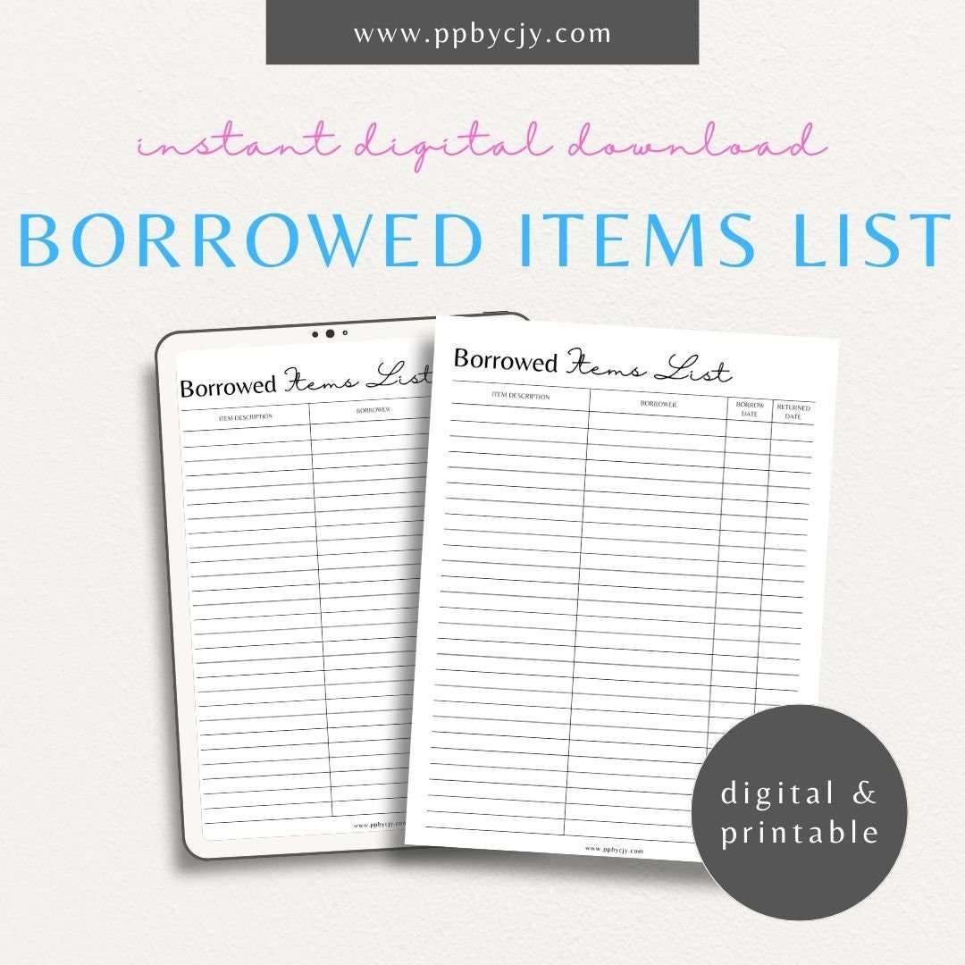 Borrowed Items List Printable | Loaned Item Management Tracker | Borrowed Belongings Checklist ...