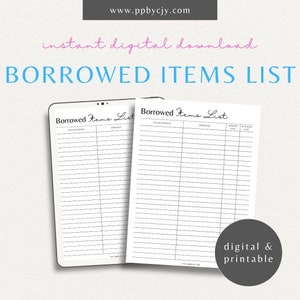 Borrowed Items List Printable | Loaned Item Management Tracker ...