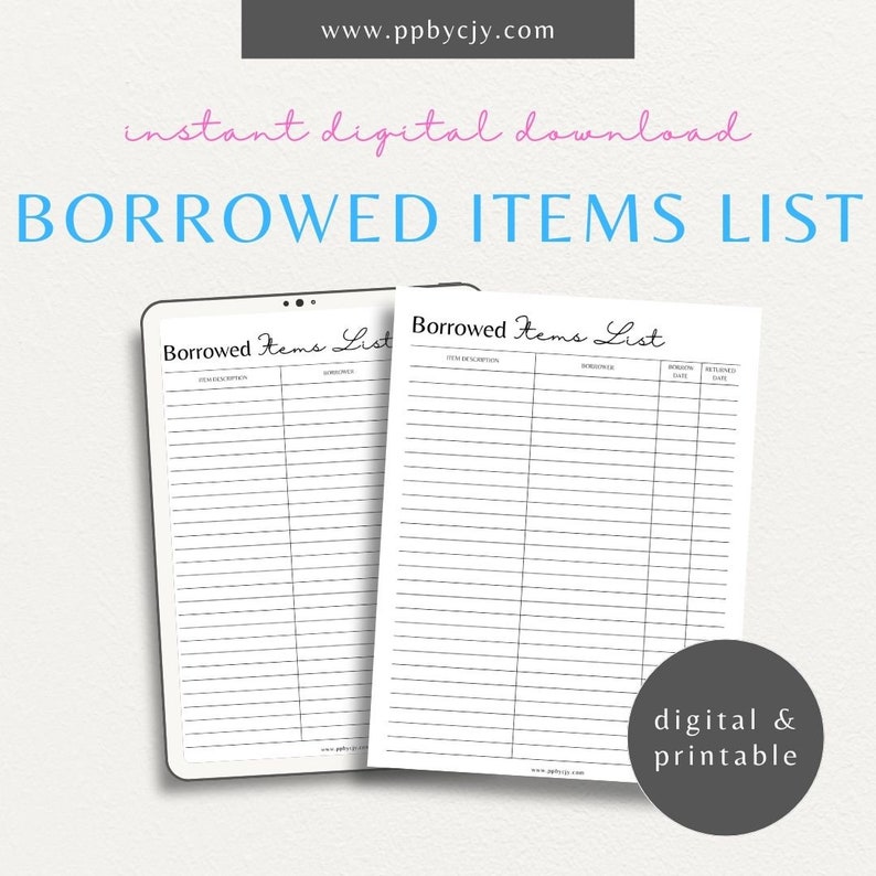 Borrowed Items List Printable | Loaned Item Management Tracker ...