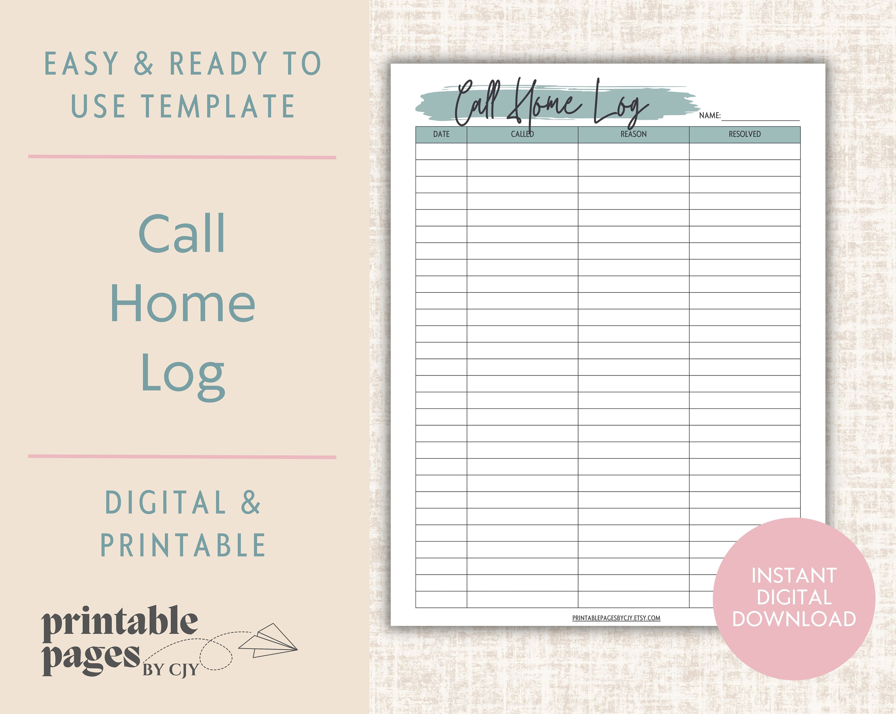 Call Home Log Communication Log Call Tracking Form Daily Coll Log ...