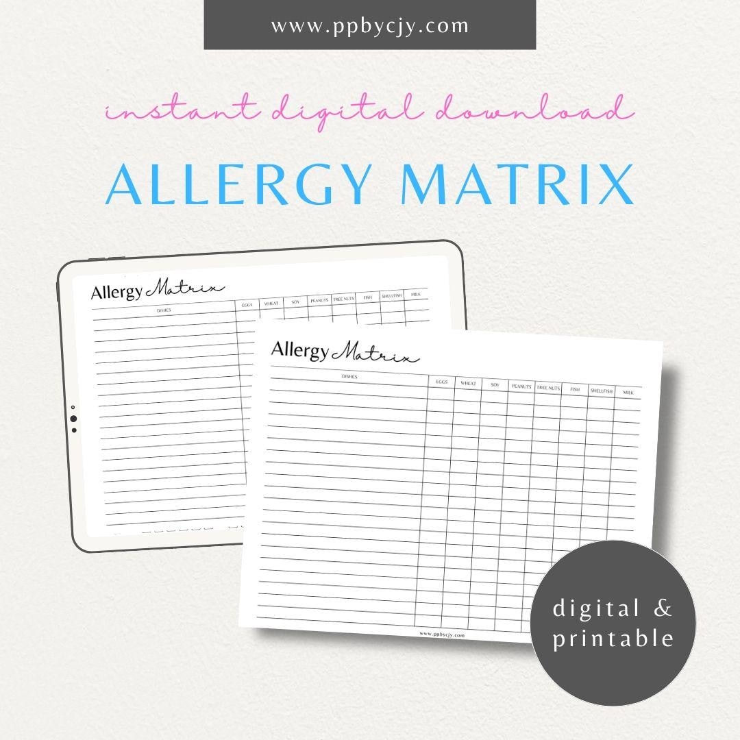 Restaurant Food Allergy Matrix Template | Instant Digital Download ...