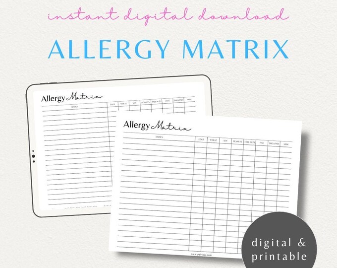 Allergen Chart for Food Service, Allergen Matrix, Editable Google ...
