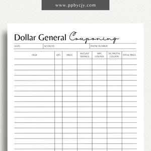 Dollar General Couponing Tracker Printable Template | Instant Digital ...