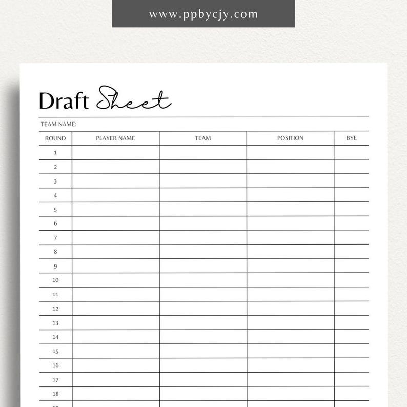 Fantasy Football Draft Sheet Printable Template | Digital Download ...