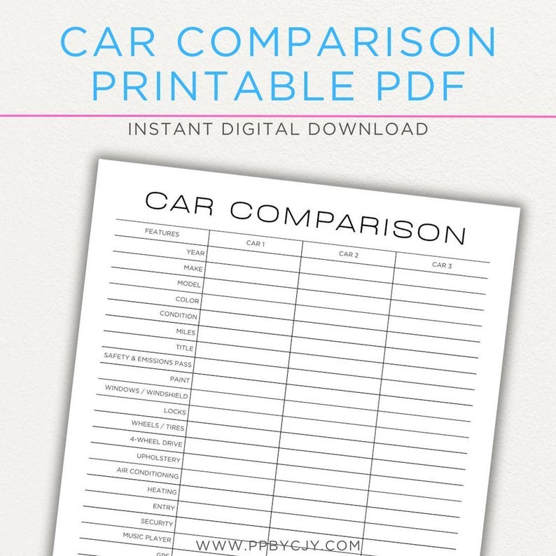 Car Comparison Sheet Printable Template | Vehicle Features & Price ...