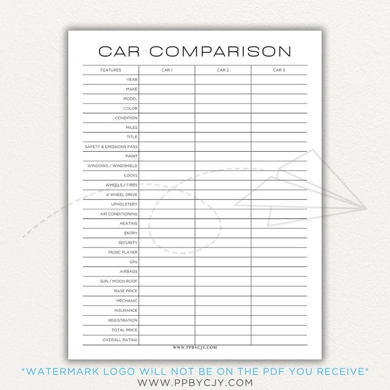 Car Comparison Sheet Printable Template | Vehicle Features & Price ...