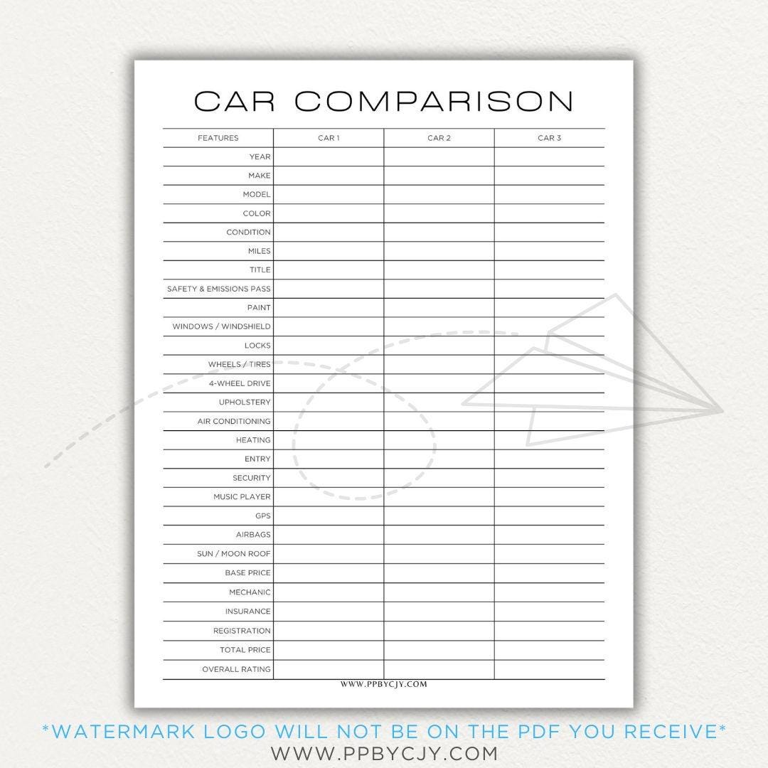 Car Comparison Sheet Printable Template | Vehicle Features & Price ...