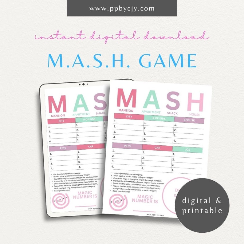 MASH Game Printable Template Digital Download Classic Paper Game Fun ...