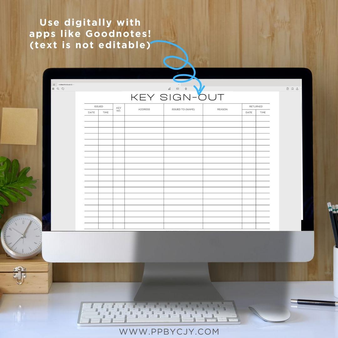 Key Sign-out Tracking Sheet | Printable Key Log | Office, Property ...