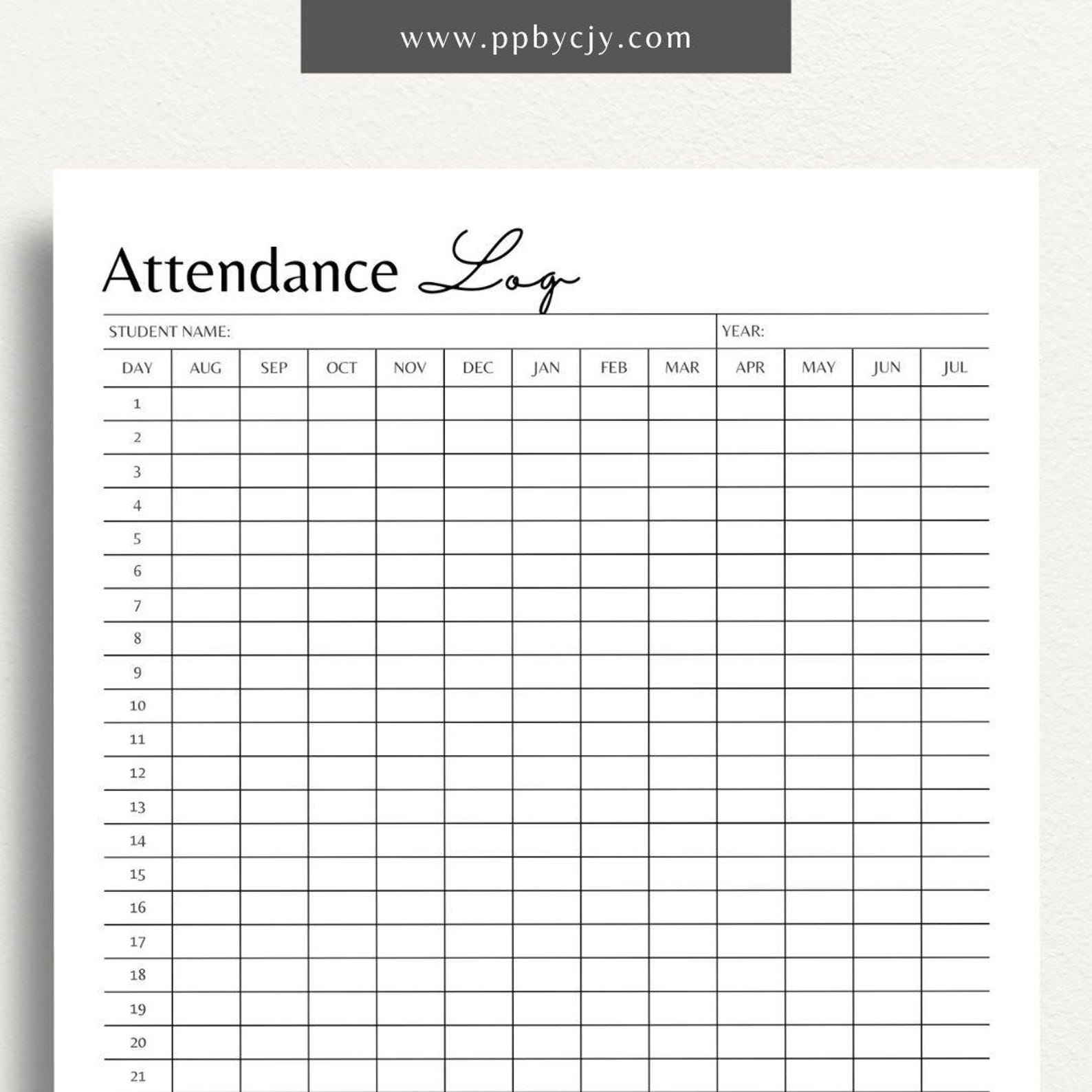 Homeschool Attendance Log Printable Template | Instant Digital Download ...