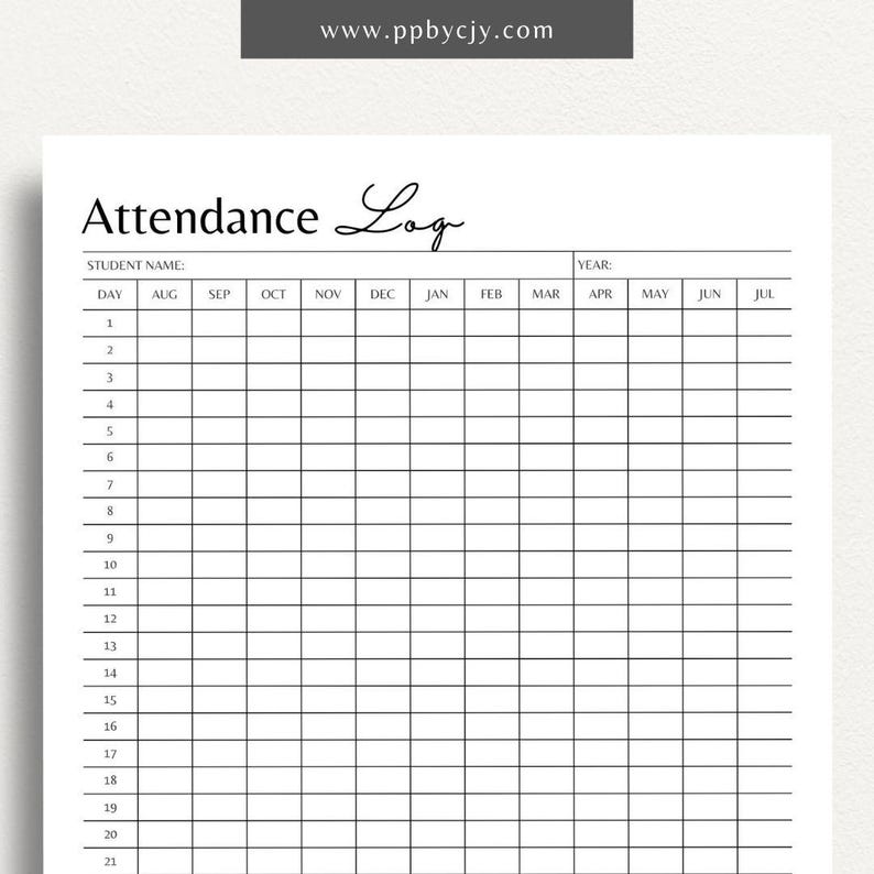 Homeschool Attendance Log Printable Template | Instant Digital Download ...