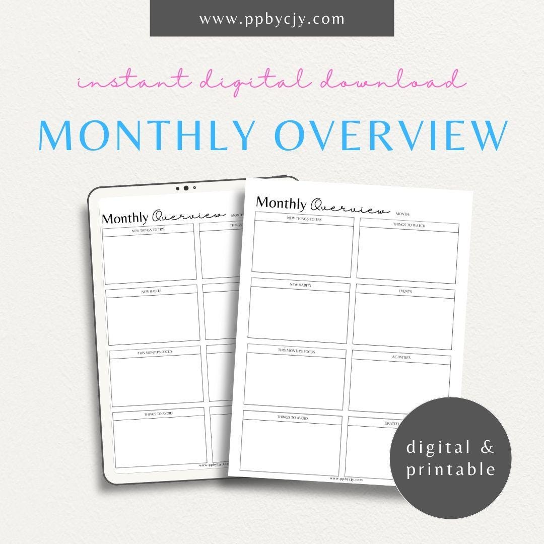Monthly Overview Printable Template | Digital Download | Calendar ...