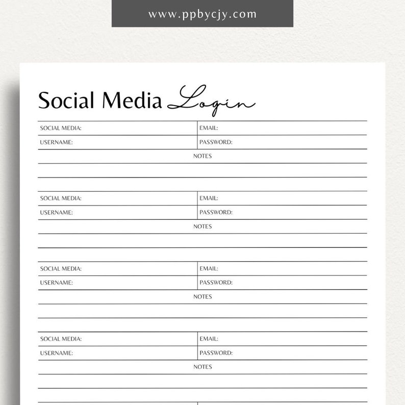 Social Media Login Tracker | Online Account Manager Log | Digital ...
