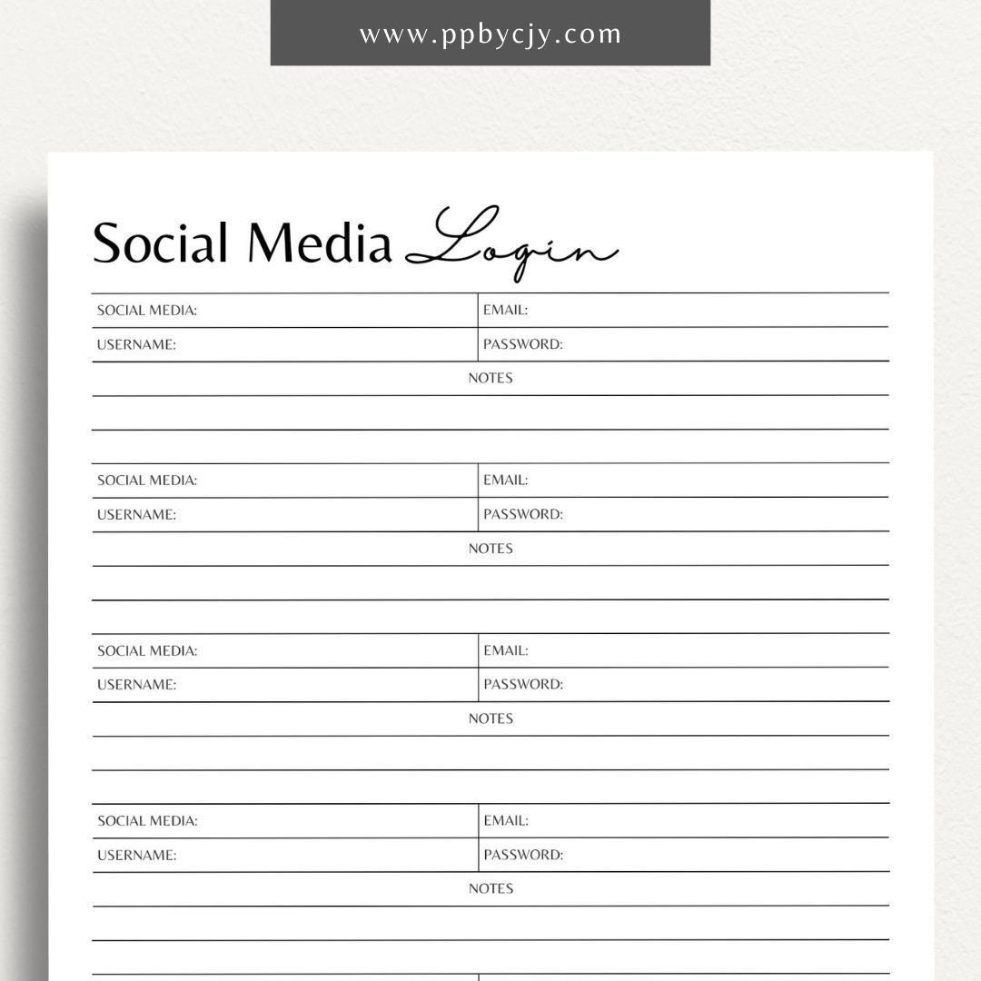 Social Media Login Tracker | Online Account Manager Log | Digital ...