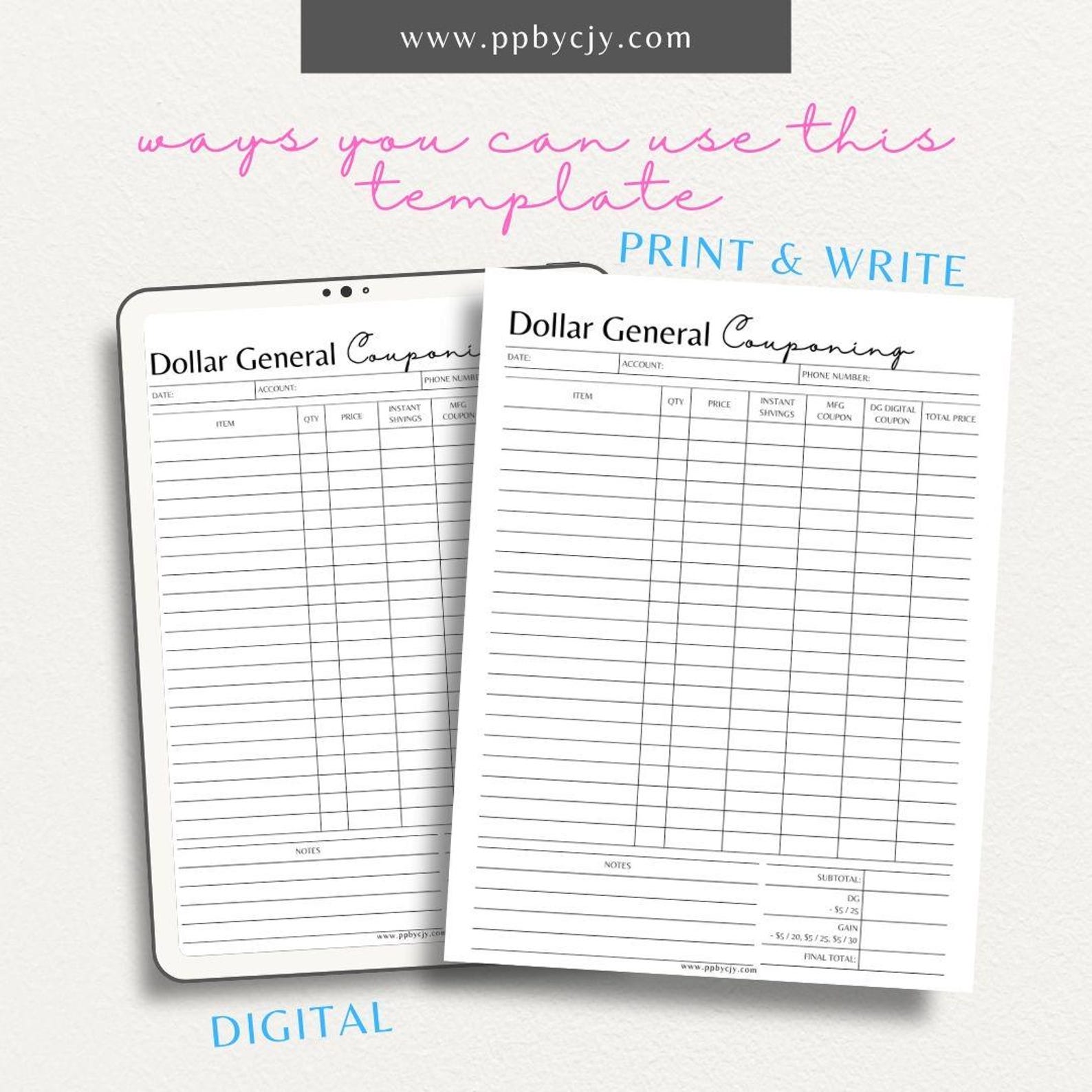 Dollar General Couponing Tracker Printable Template | Instant Digital ...