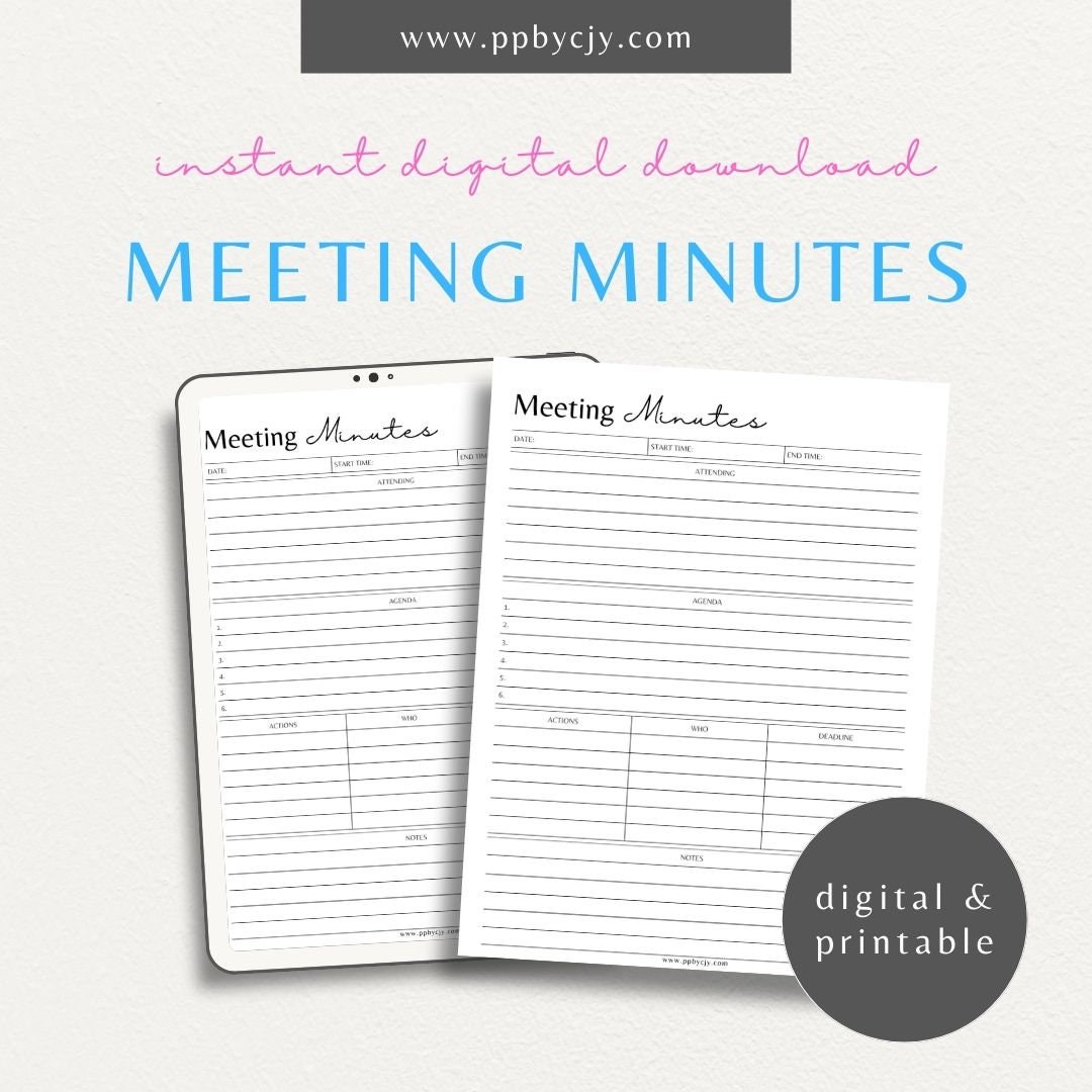 Meeting Minutes Printable Template | Digital Download | Professional ...
