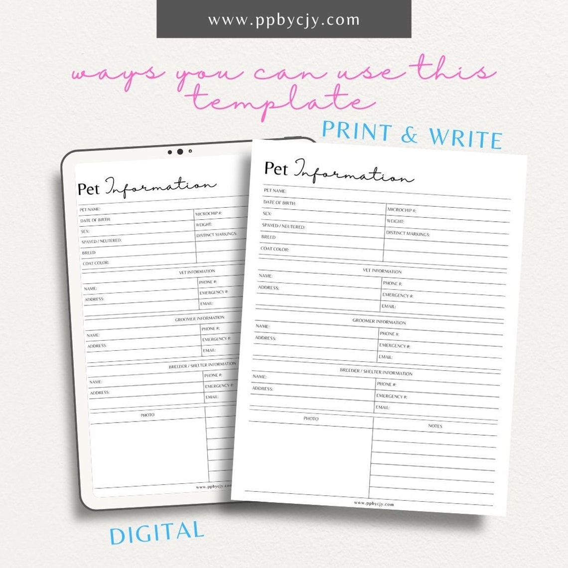 Pet Profile Information Template | Animal Veterinary ID Reference Log ...
