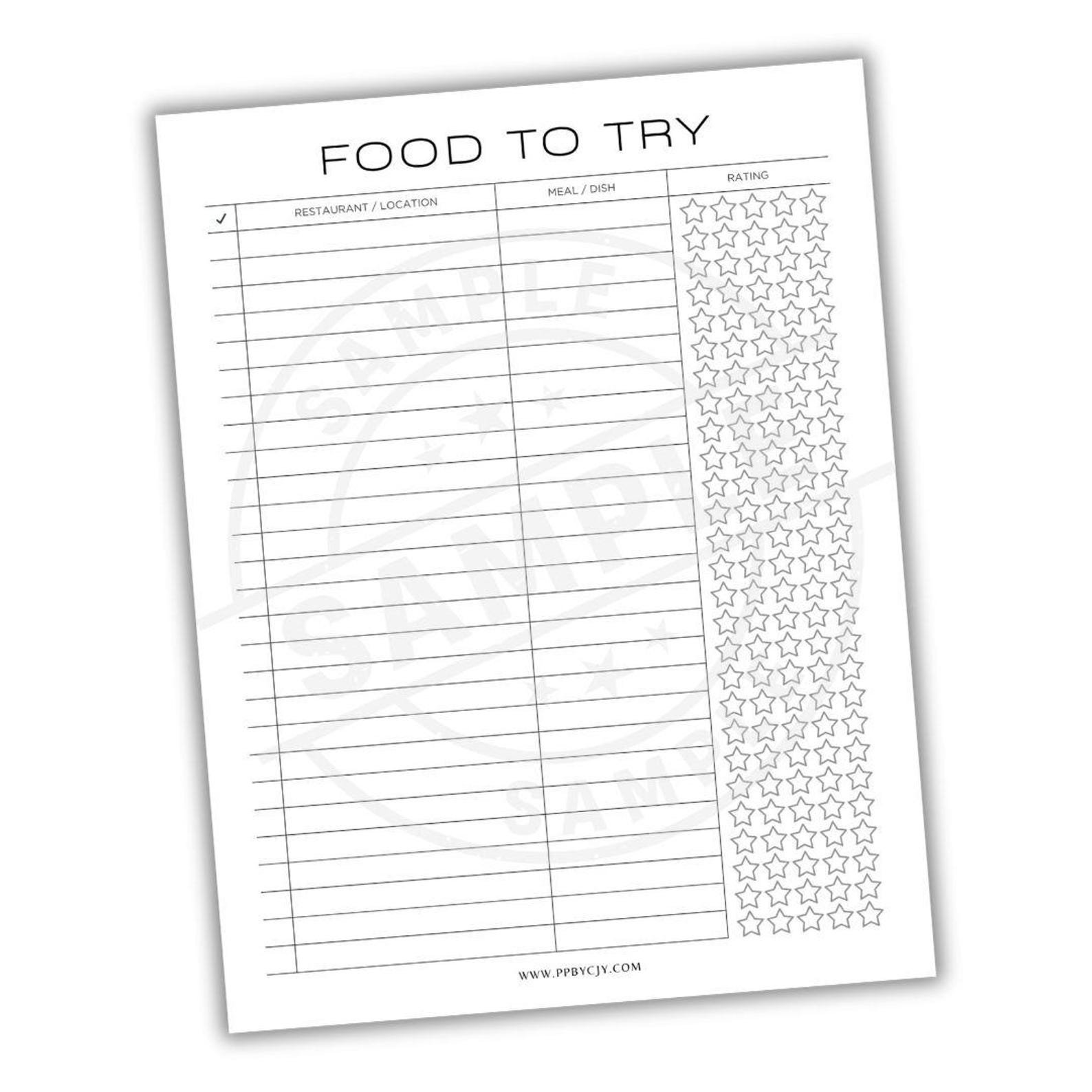 Foods to Try Tracker Printable Template | Instant Digital Download ...