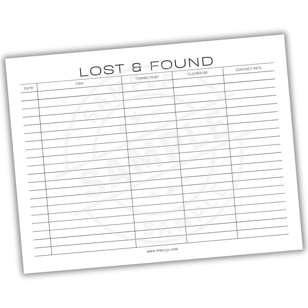 Lost and Found Log Printable | Item Tracker Sheet | School, Office ...