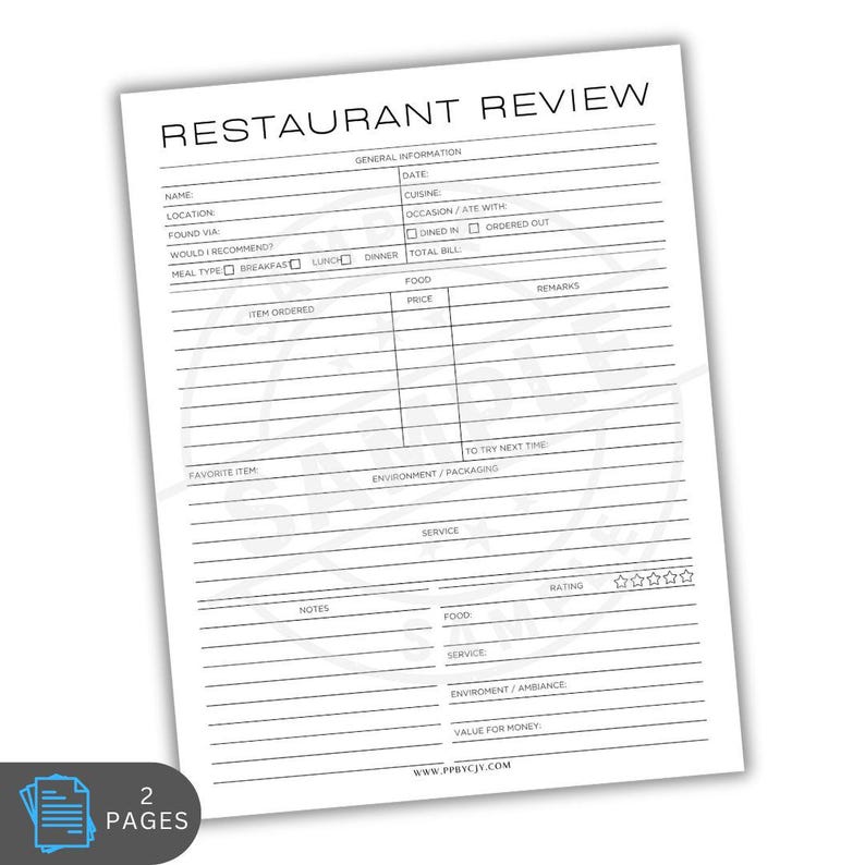 Restaurant Review Printable Template | Digital Download Dining ...