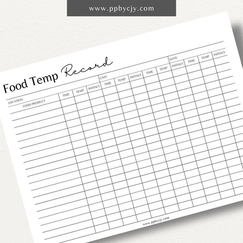 Food Temperature Record Printable Template | Food Safety Log | Cooking ...