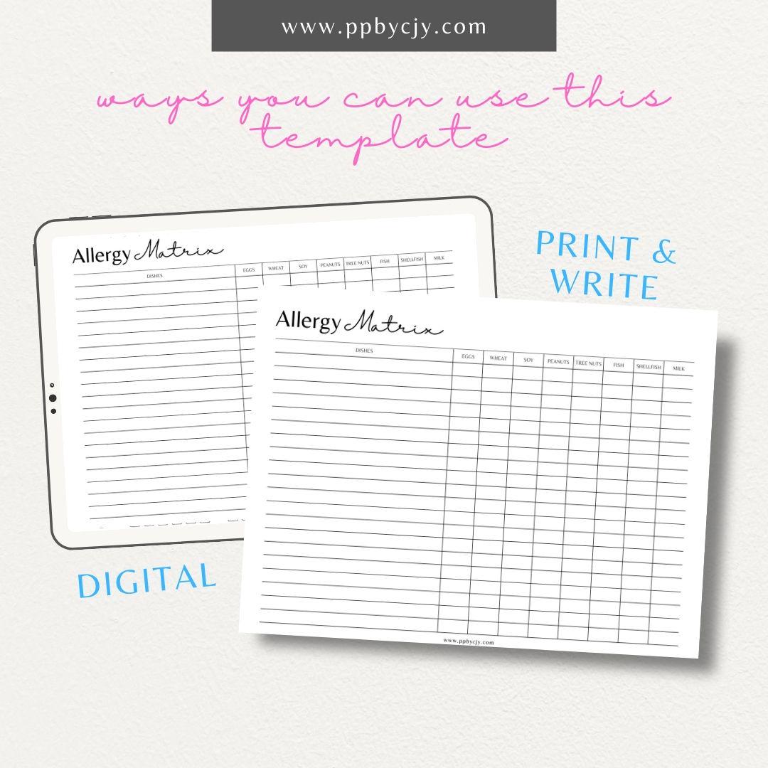 Restaurant Food Allergy Matrix Template | Instant Digital Download ...