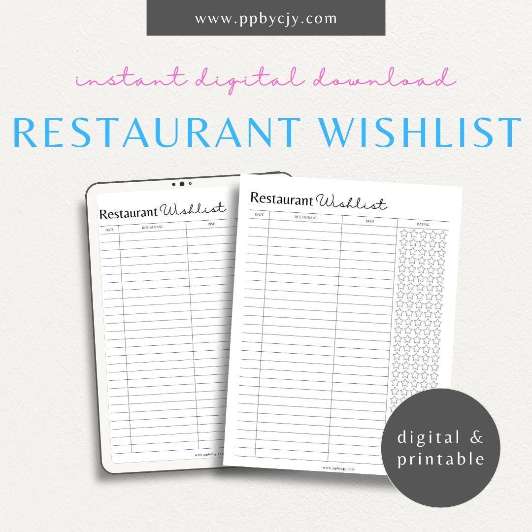 Restaurant Wishlist Printable Template Digital Download Dining Out ...