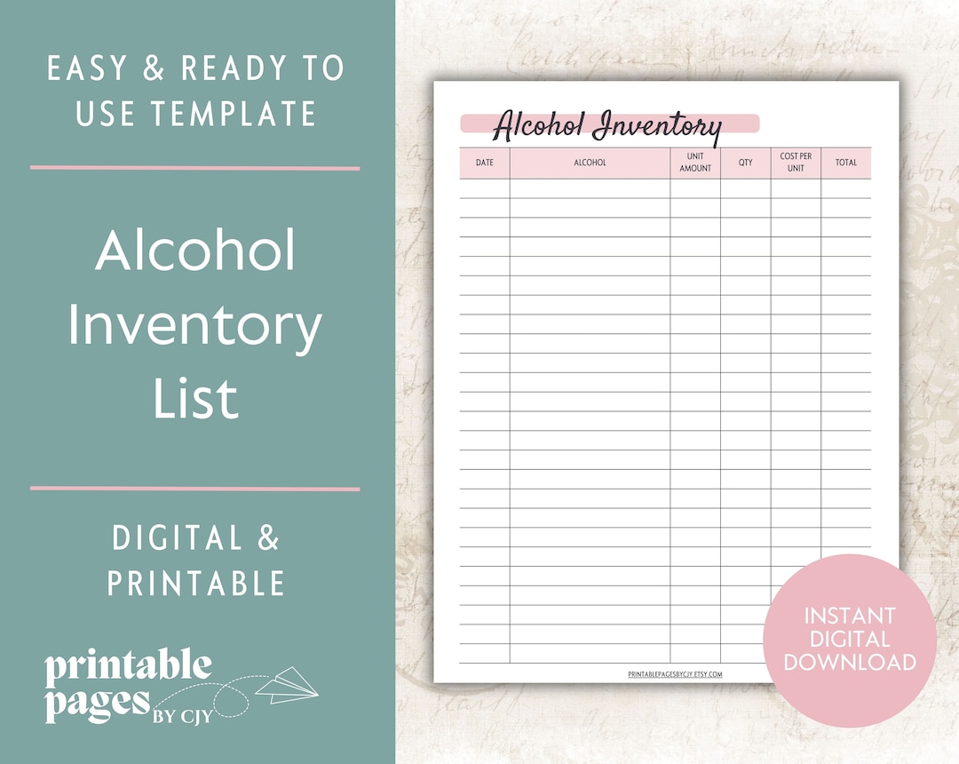 Alcohol Inventory Supply Tracker Printable Template Liquor Spirits ...