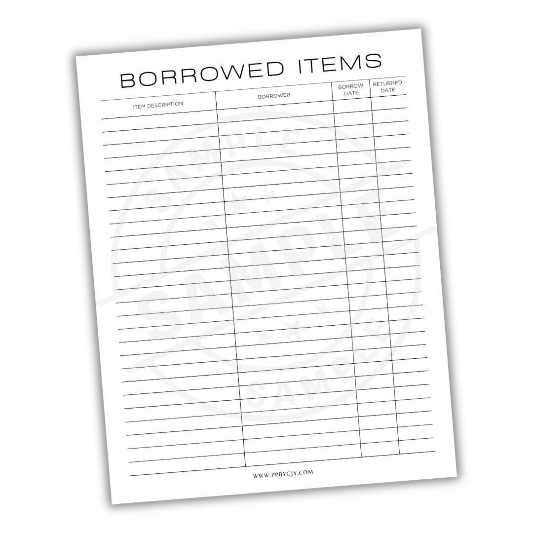 Borrowed Items List Printable | Loaned Item Management Tracker ...