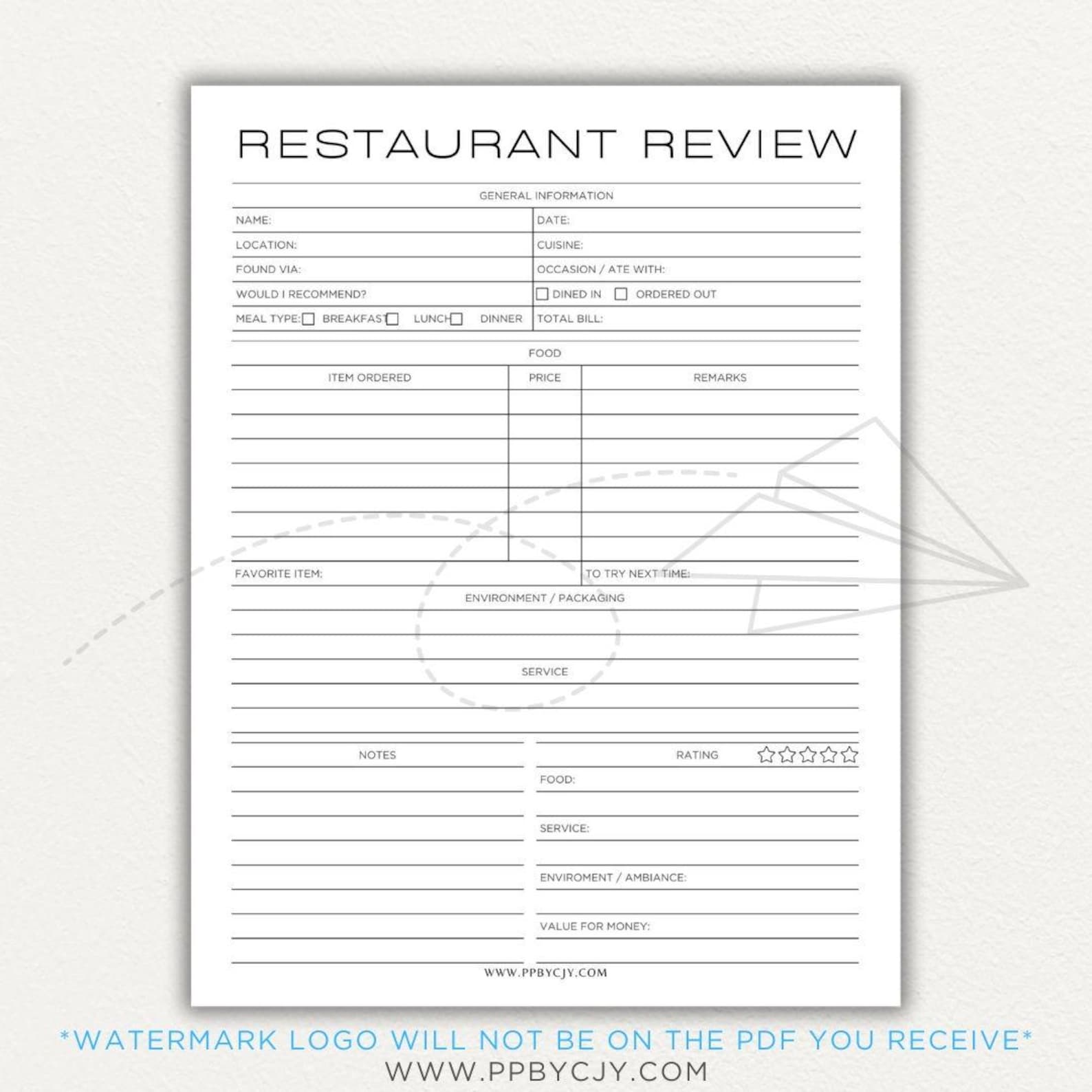 Restaurant Review Printable Template | Digital Download Dining ...