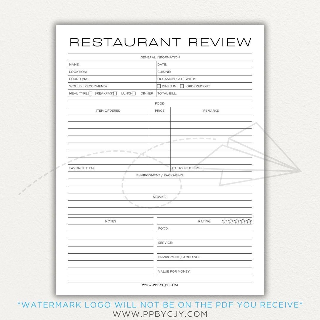 Restaurant Review Printable Template | Digital Download Dining ...