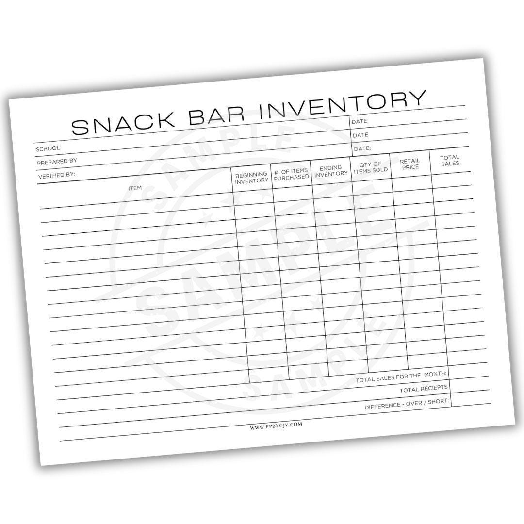Snack Bar Inventory Printable Template | Instant Digital Download ...
