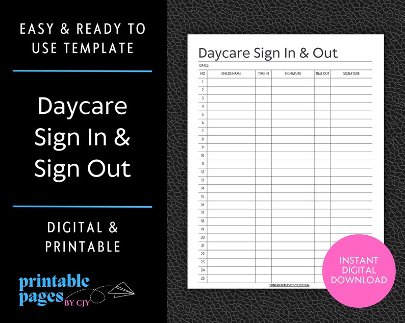 Daycare Sign in Sheet Printable Childcare Check in Form - Etsy