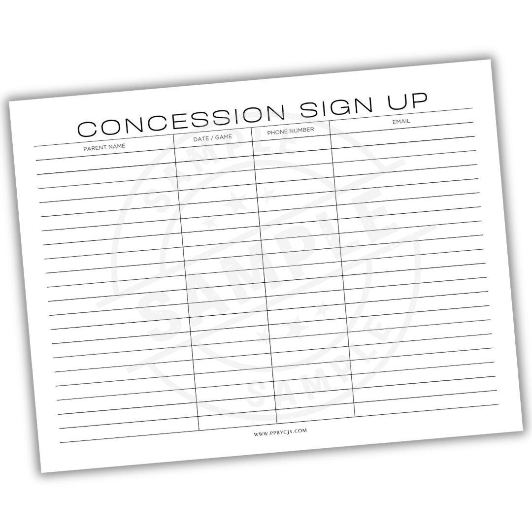 Concession Sign-up Sheet Printable PDF | Volunteer Schedule Tracker ...