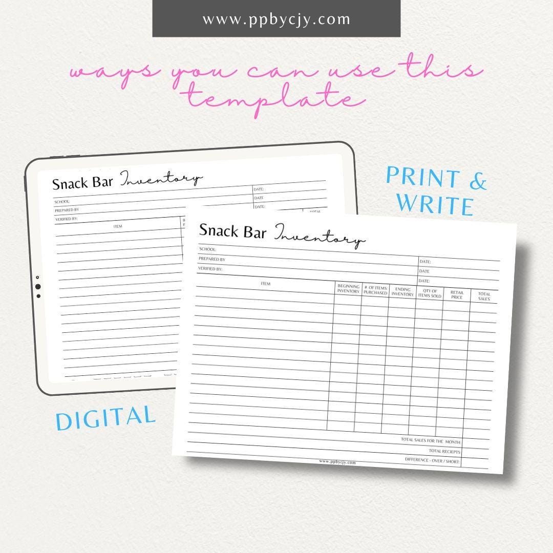Snack Bar Inventory Printable Template | Instant Digital Download ...