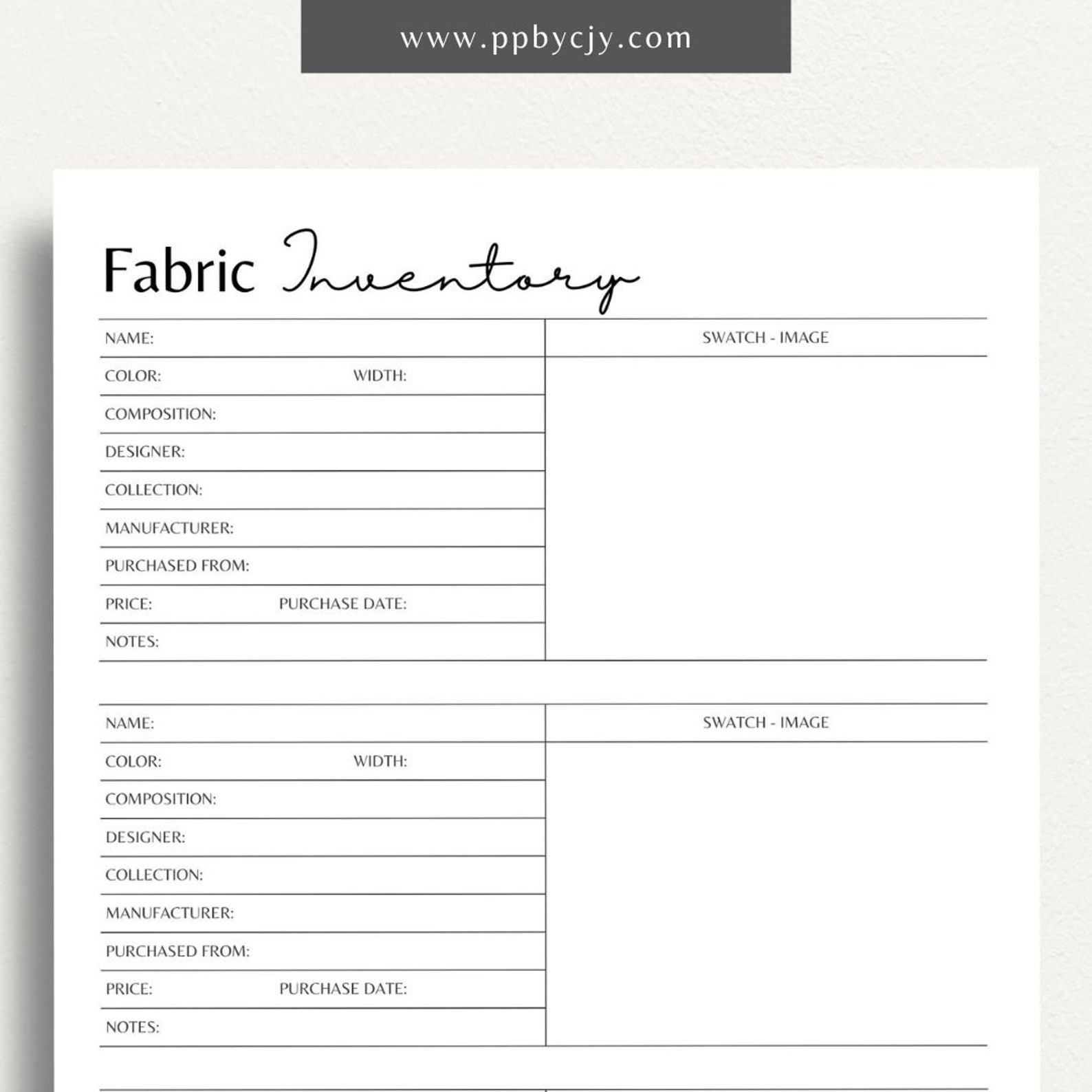 Fabric Stash Inventory Sheet Sewing Project Textile Supplies Log ...